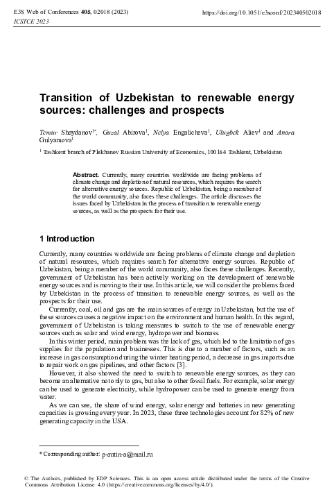 (PDF) Transition of Uzbekistan to renewable energy sources: Challenges ...