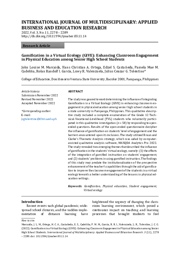 Pdf Gamification In A Virtual Ecology Give Enhancing Classroom