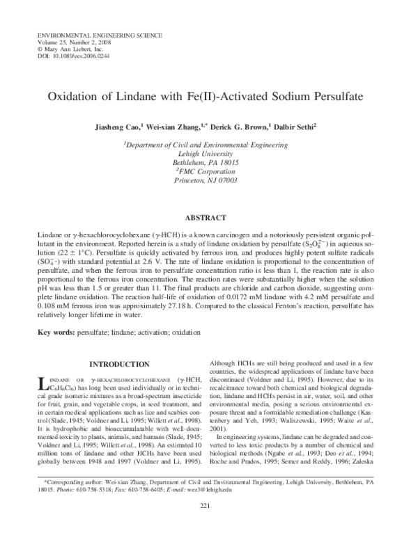 (PDF) Oxidation of Lindane with Fe(II)-Activated Sodium Persulfate