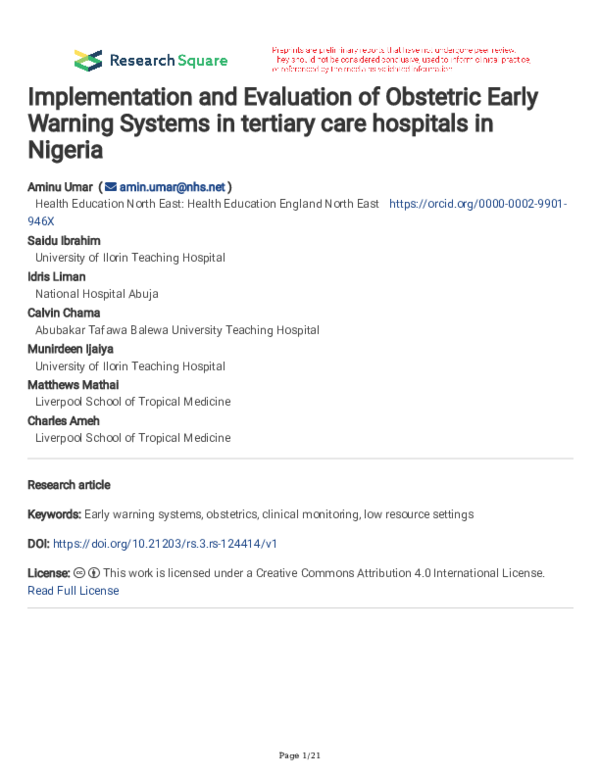(PDF) Implementation and Evaluation of Obstetric Early Warning Systems ...