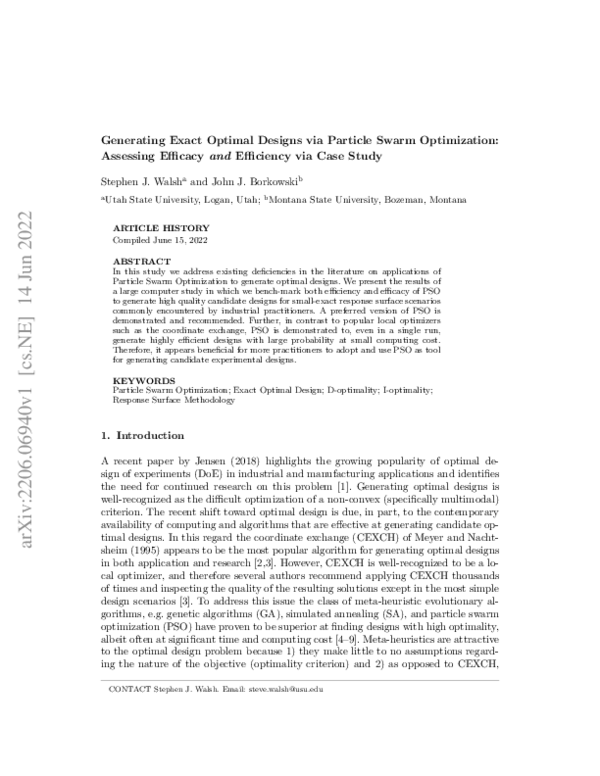 Pdf Generating Exact Optimal Designs Via Particle Swarm Optimization Assessing Efficacy And
