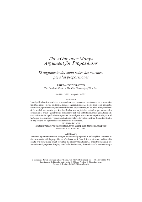 Pdf The «one Over Many Argument For Propositions