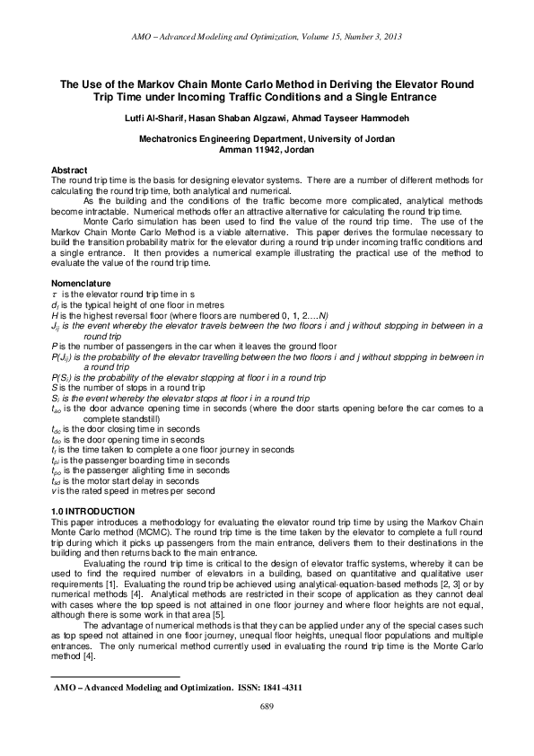 (PDF) The Use of the Markov Chain Monte Carlo Method in Deriving the Elevator Round Trip Time ...