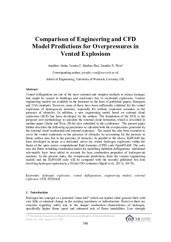 (PDF) Comparison of Engineering and CFD Model Predictions for Overpressures in Vented Explosion