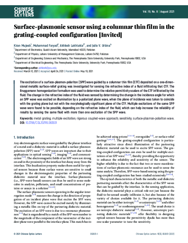 (PDF) Surface-plasmonic sensor using a columnar thin film in the grating-coupled configuration ...