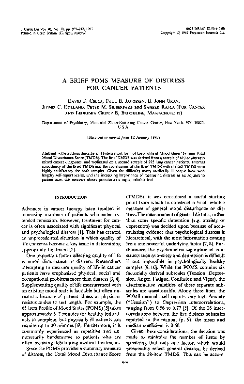 (PDF) A brief poms measure of distress for cancer patients