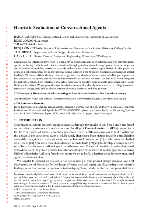 Pdf Heuristic Evaluation Of Conversational Agents