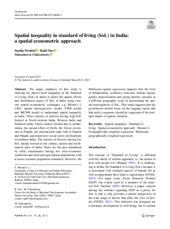 (PDF) Spatial inequality in standard of living (SoL) in India: a ...