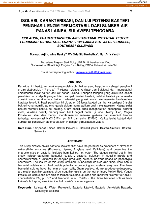 (PDF) Isolasi, Karakterisasi, Dan Uji Potensi Bakteri Penghasil Enzim Termostabil Dari Sumber ...
