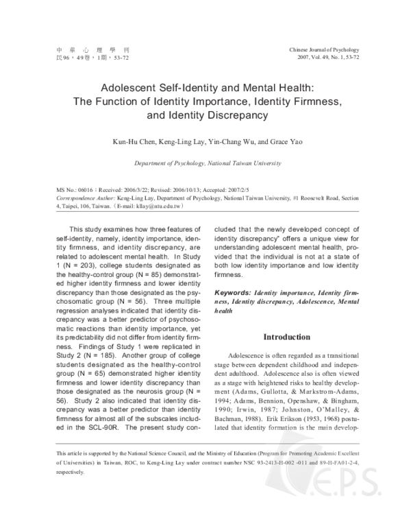 (PDF) Adolescent Self-Identity and Mental Health: The Function of ...