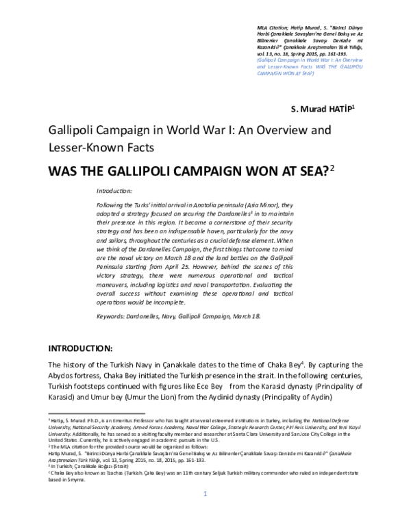 (PDF) Gallipoli Campaign in World War I: An Overview and Lesser-Known ...