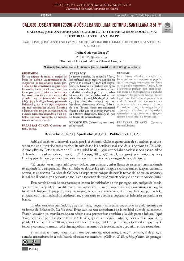(PDF) Galloso, José Antonio (2020). Adiós al barrio. Lima: Editorial ...