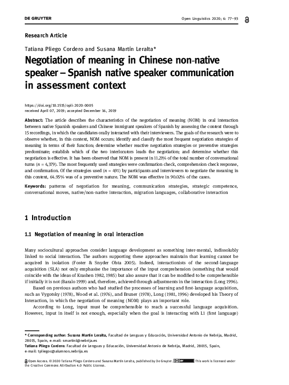 (PDF) Negotiation of meaning in Chinese non-native speaker – Spanish ...