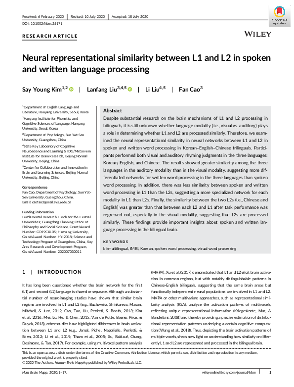 (PDF) Neural representational similarity between L1 and L2 in spoken and written language processing