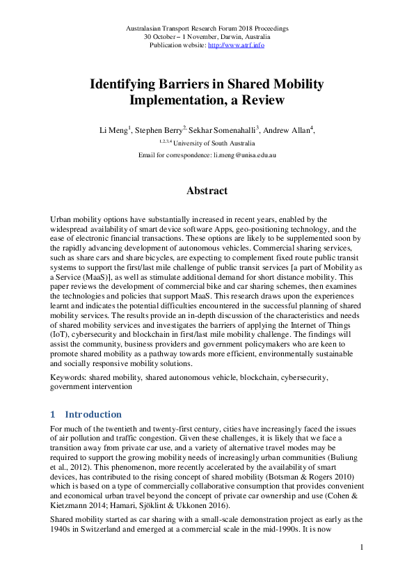 (PDF) Identifying barriers in shared mobility implementation, a review