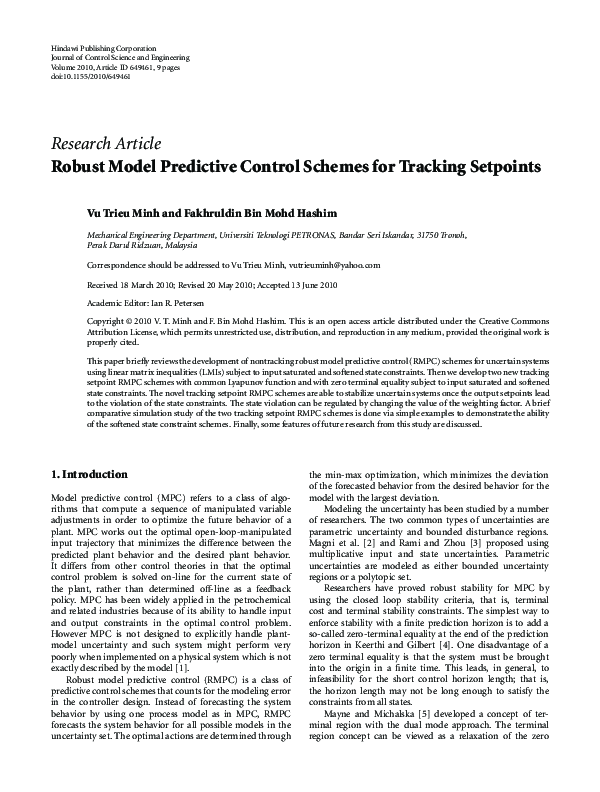 (PDF) Robust Model Predictive Control Schemes for Tracking Setpoints