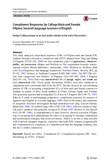 (PDF) Compliment Responses by College Male and Female Filipino Second Language Learners of English