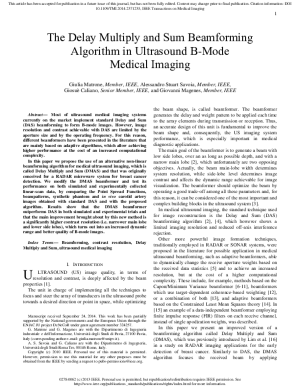 The Delay Multiply And Sum Beamforming Algorithm In Ultrasound B Mode Medical Imaging