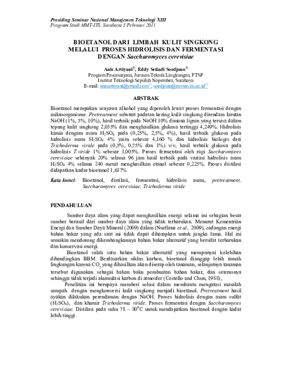 (PDF) BIOETANOL DARI LIMBAH KULIT SINGKONG MELALUI PROSES HIDROLISIS ...
