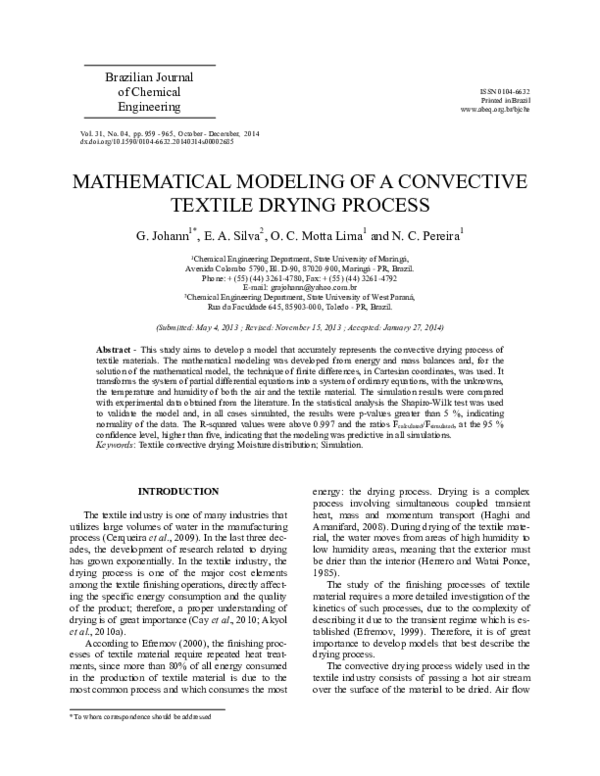 (PDF) Mathematical modeling of a convective textile drying process