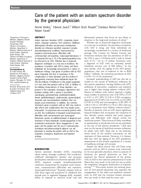 (PDF) Care of the patient with an autism spectrum disorder by the ...