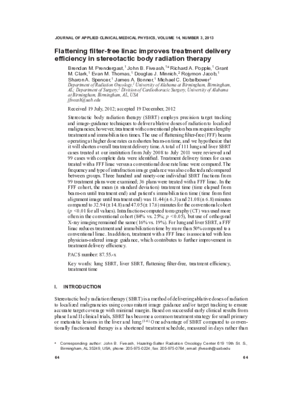 (PDF) Flattening filter-free linac improves treatment delivery ...