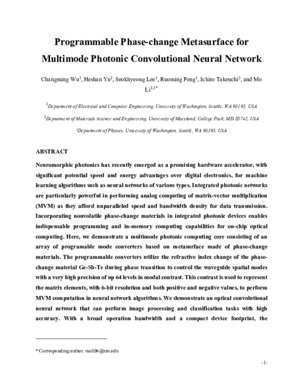 (PDF) Programmable Phase-change Metasurface for Multimode Photonic Convolutional Neural Network