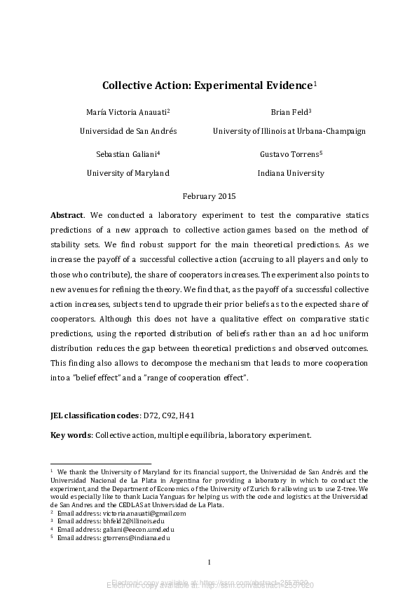 (PDF) Collective Action: Experimental Evidence 1