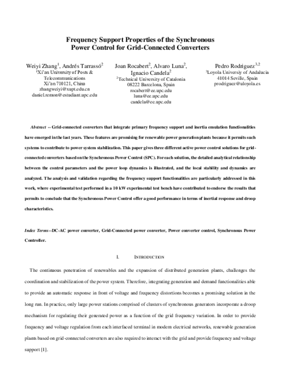 Pdf Frequency Support Properties Of The Synchronous Power Control For Grid Connected Converters