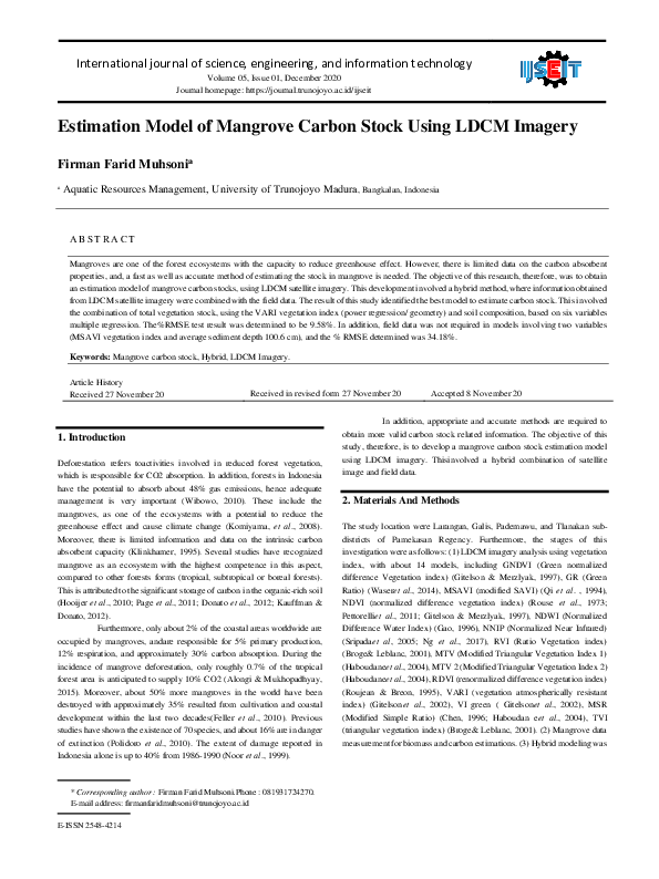 (PDF) Estimation Model of Mangrove Carbon Stock Using LDCM Imagery
