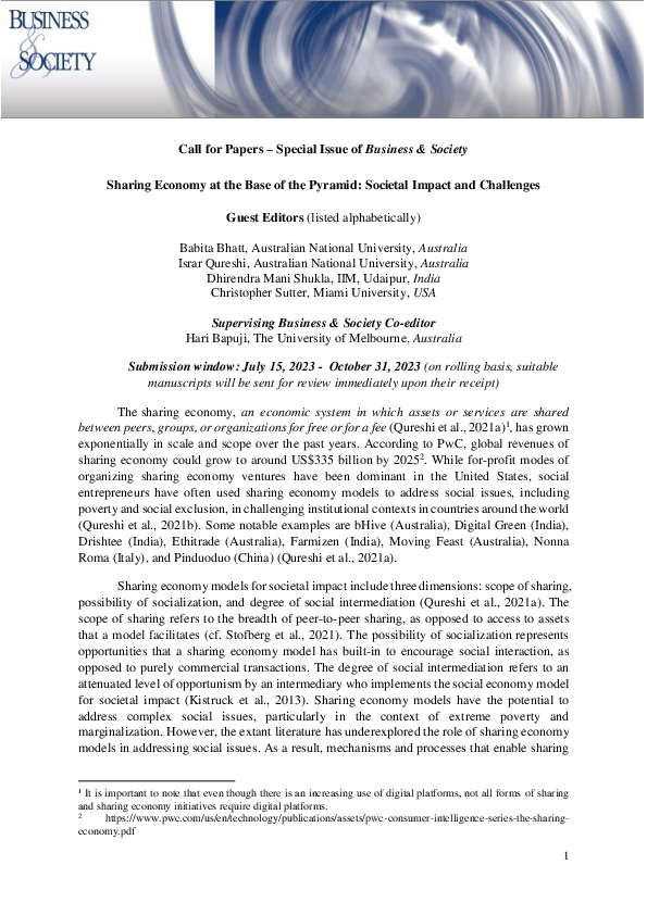 (PDF) Call for Papers -Special Issue of Business & Society Sharing ...