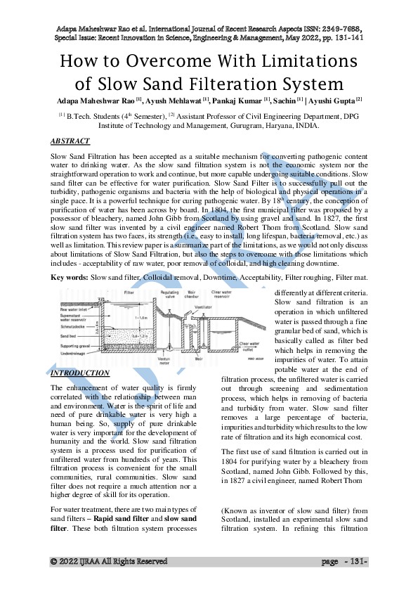 (PDF) How to Overcome With Limitations of Slow Sand Filteration System