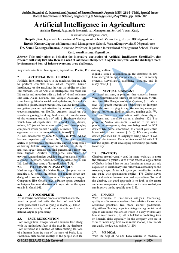 (PDF) Artificial Intelligence in Agriculture (PDF) Artificial Intelligence in Agriculture