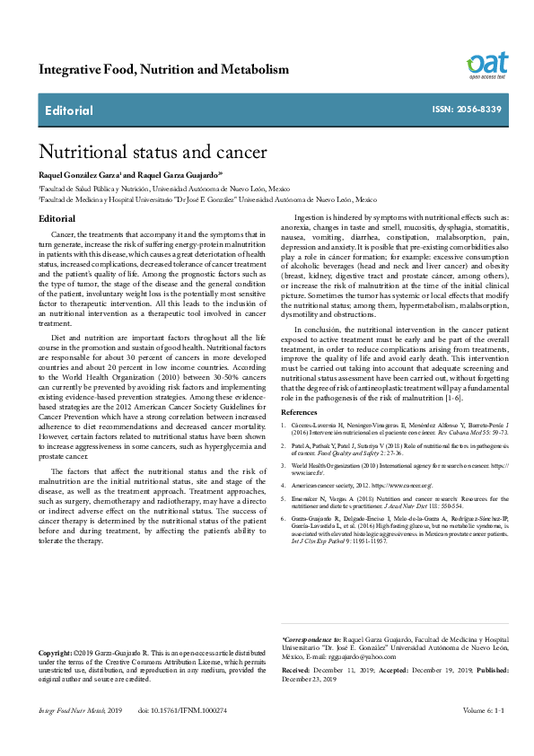 (PDF) Nutritional status and cancer