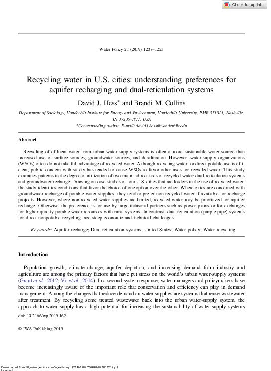 (PDF) Recycling water in U.S. cities: understanding preferences for ...