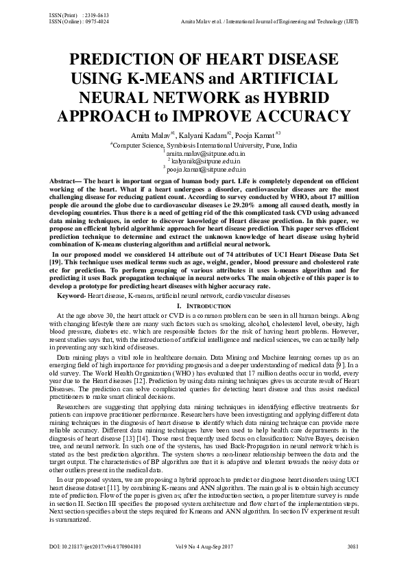 Pdf Prediction Of Heart Disease Using K Means And Artificial Neural Network As Hybrid Approach