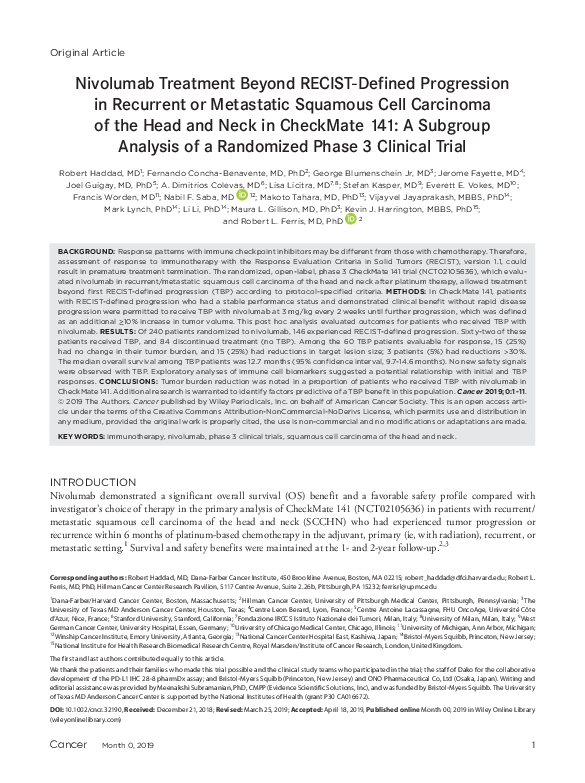 (PDF) Nivolumab treatment beyond RECIST‐defined progression in recurrent or metastatic squamous ...