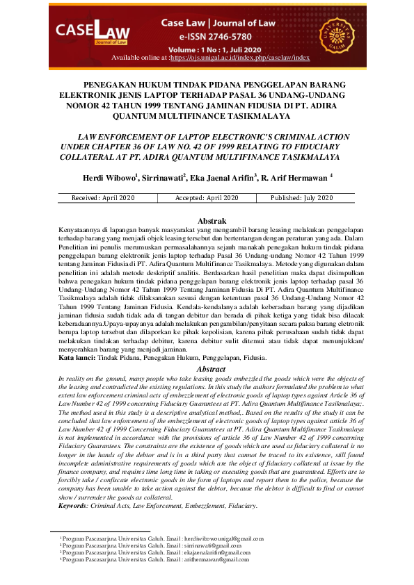 (PDF) Penegakan Hukum Tindak Pidana Penggelapan Barang Elektronik Jenis Laptop Terhadap Pasal 36