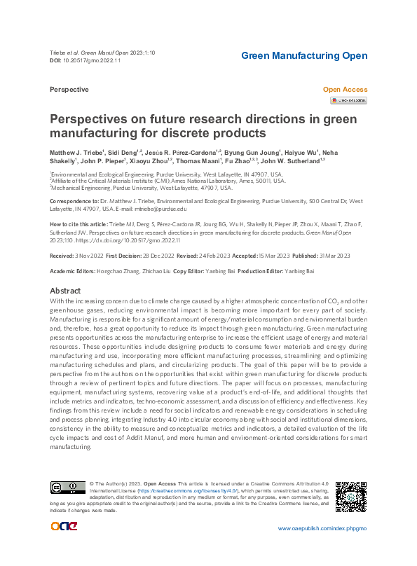 (PDF) Perspectives on future research directions in green manufacturing for discrete products