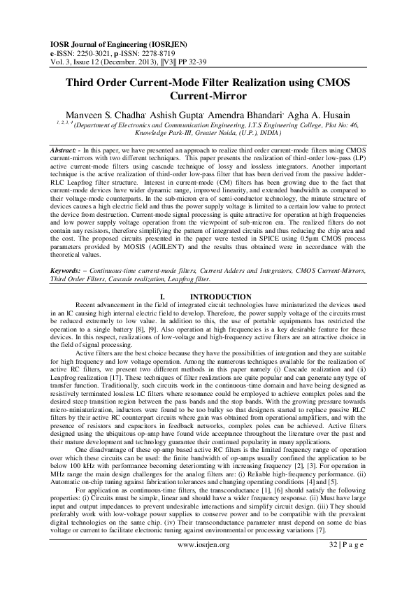 (PDF) Third Order Current-Mode Filter Realization using CMOS Current-Mirror