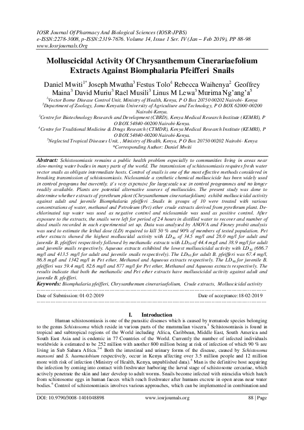 (PDF) Molluscicidal Activity Of Chrysanthemum Cinerariaefolium Extracts ...
