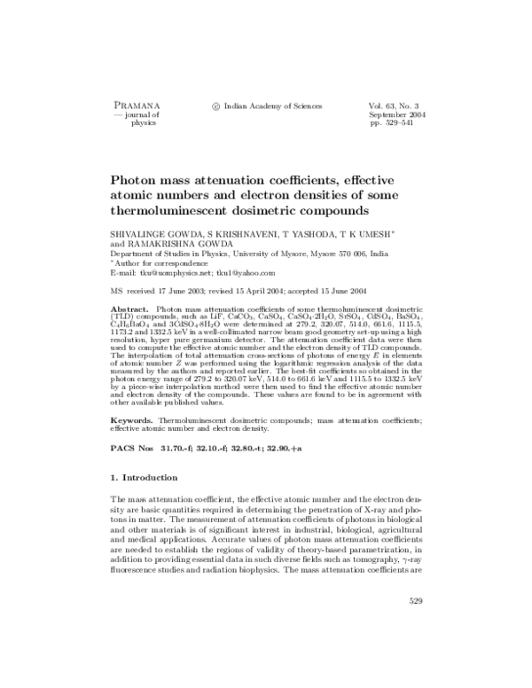 (PDF) Photon mass attenuation coefficients, effective atomic numbers and electron densities of ...
