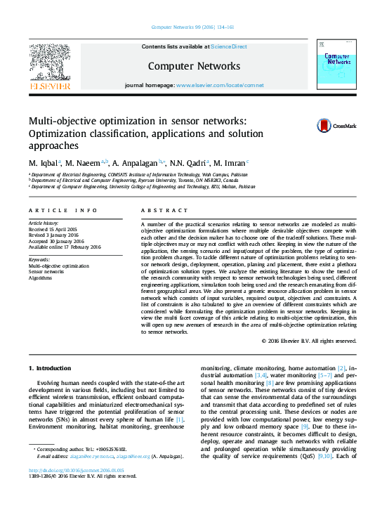 Pdf Multi Objective Optimization In Sensor Networks Optimization Classification Applications