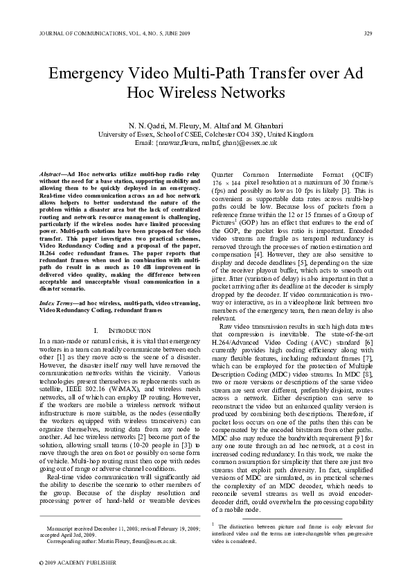(PDF) Emergency Video Multi-Path Transfer over Ad Hoc Wireless Networks