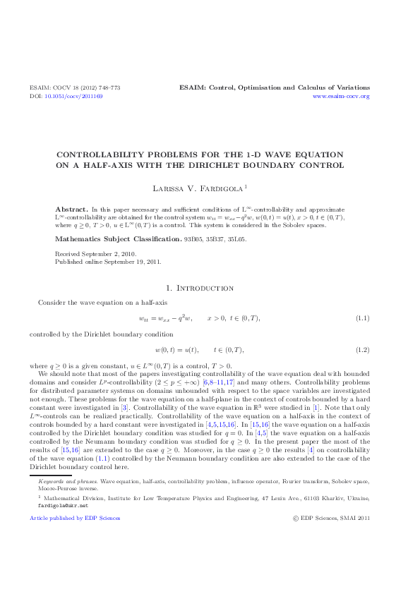 Pdf Controllability Problems For The 1 D Wave Equation On A Half Axis With The Dirichlet
