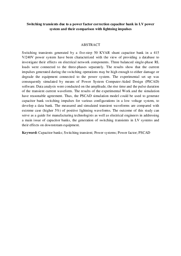 Pdf Switching Transients Due To A Power Factor Correction Capacitor Bank In Lv Power System