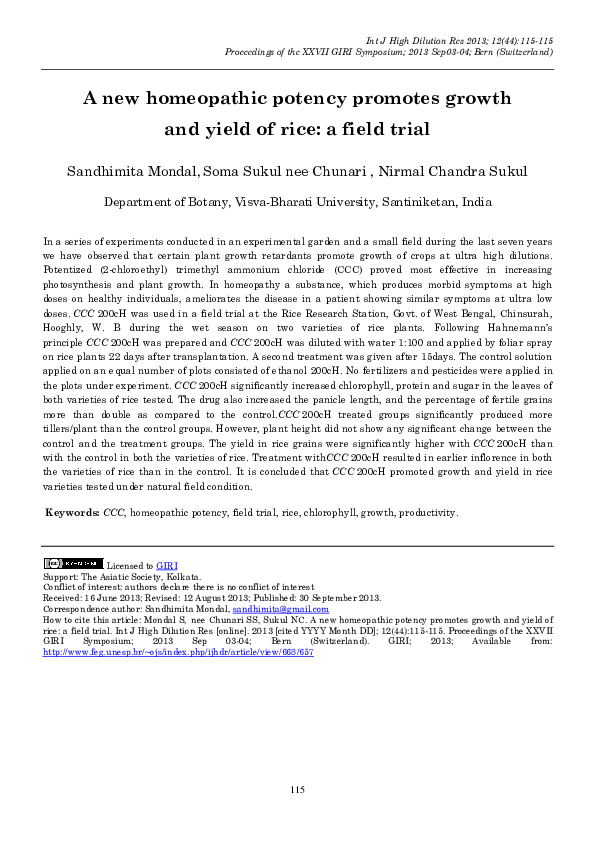 (PDF) A new homeopathic potency promotes growth and yield of rice: a ...