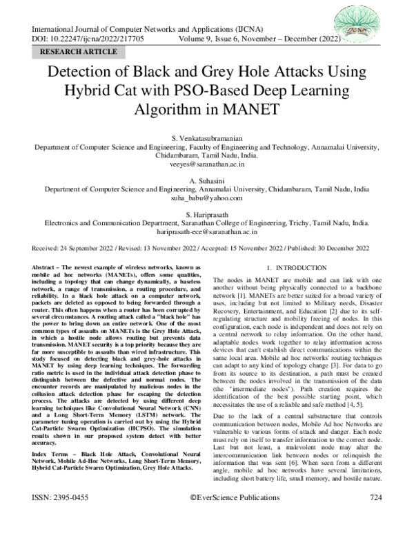 (PDF) Detection of Black and Grey Hole Attacks Using Hybrid Cat with ...