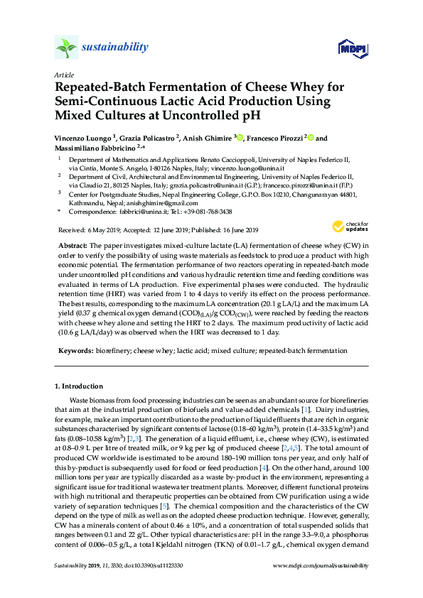 (PDF) Repeated-Batch Fermentation of Cheese Whey for Semi-Continuous ...