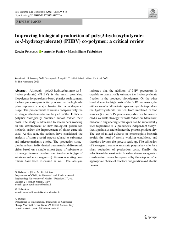 (PDF) Improving biological production of poly(3-hydroxybutyrate-co-3-hydroxyvalerate) (PHBV) co ...